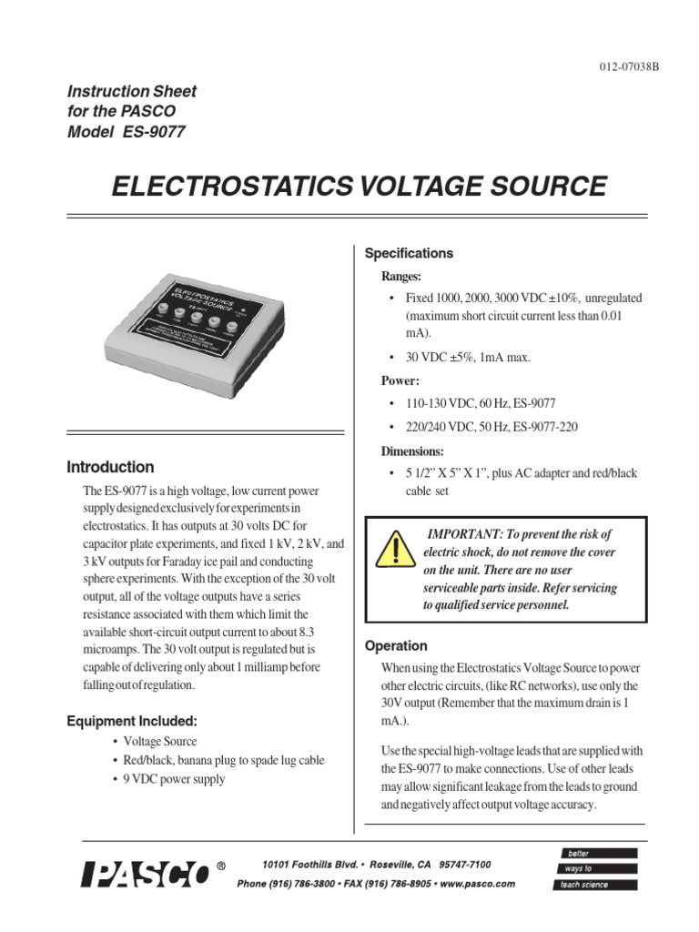 Electrostatics Voltage Source Manual | PDF | High Voltage | Voltage