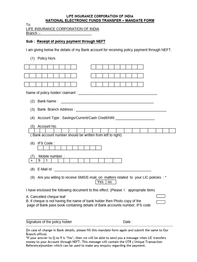 LIC NEFT Mandate Form Instructions | PDF | Finance & Money Management