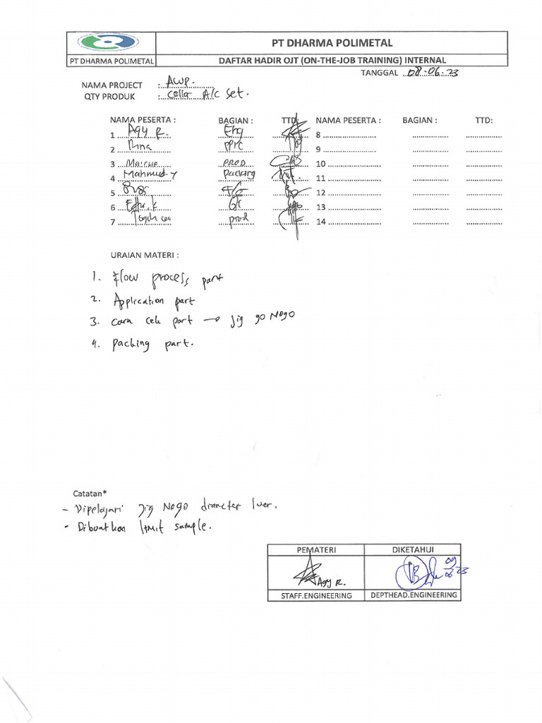Daftar Hadir OJT Collar AC Set - Pinpad Akebono - EMI | PDF