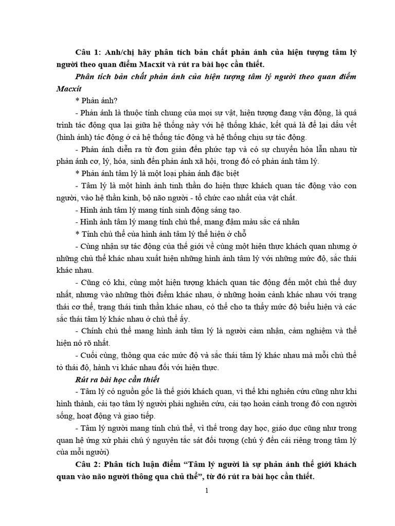 Hướng dẫn trả lời câu hỏi ôn tập TLH năm học 2023-2024-ok | PDF