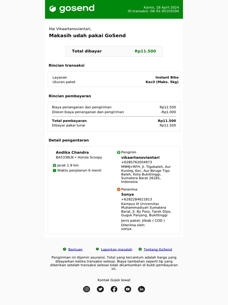 Transaksi GoSend ID GK-91-95109394 | PDF