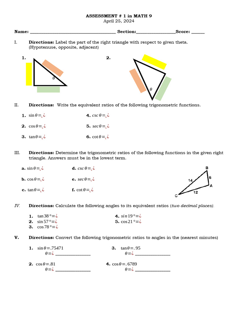 ASSESSMENT in MATH 9 - APRIL 25, 2024 | PDF | Trigonometry | Euclidean ...
