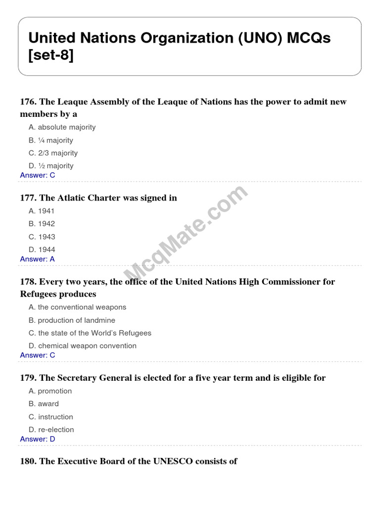 United Nations Organization (UNO) Solved MCQs (Set-8) | PDF | United ...