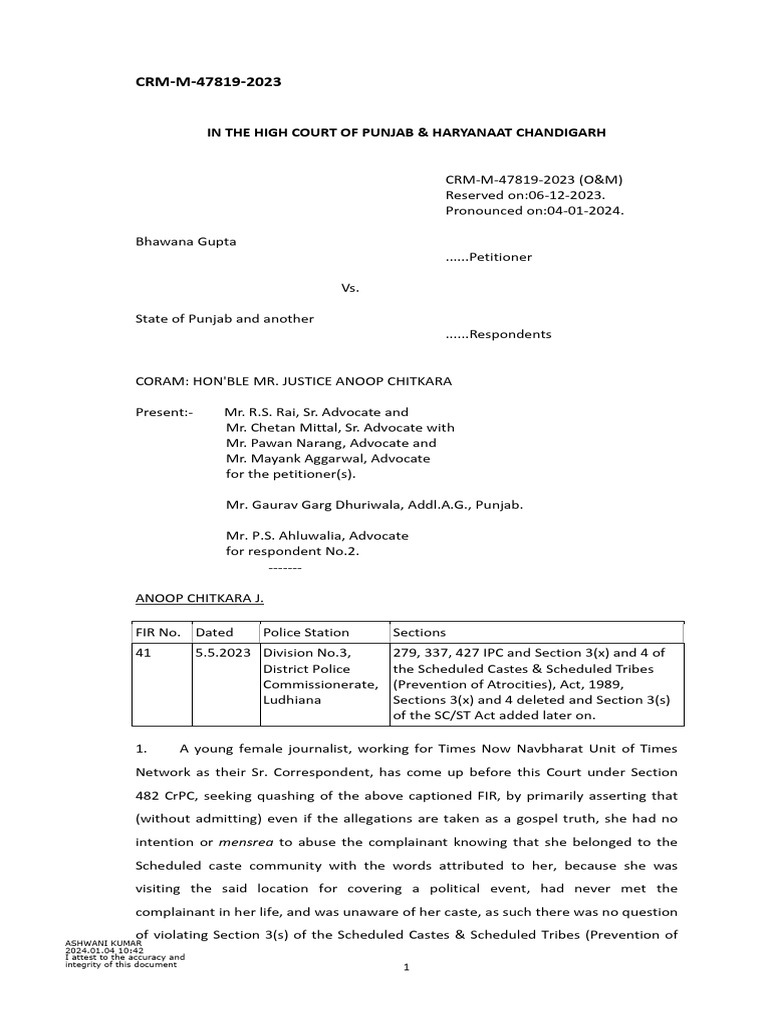 Quashing of FIR in Caste Abuse Case | PDF | Mens Rea | Crimes