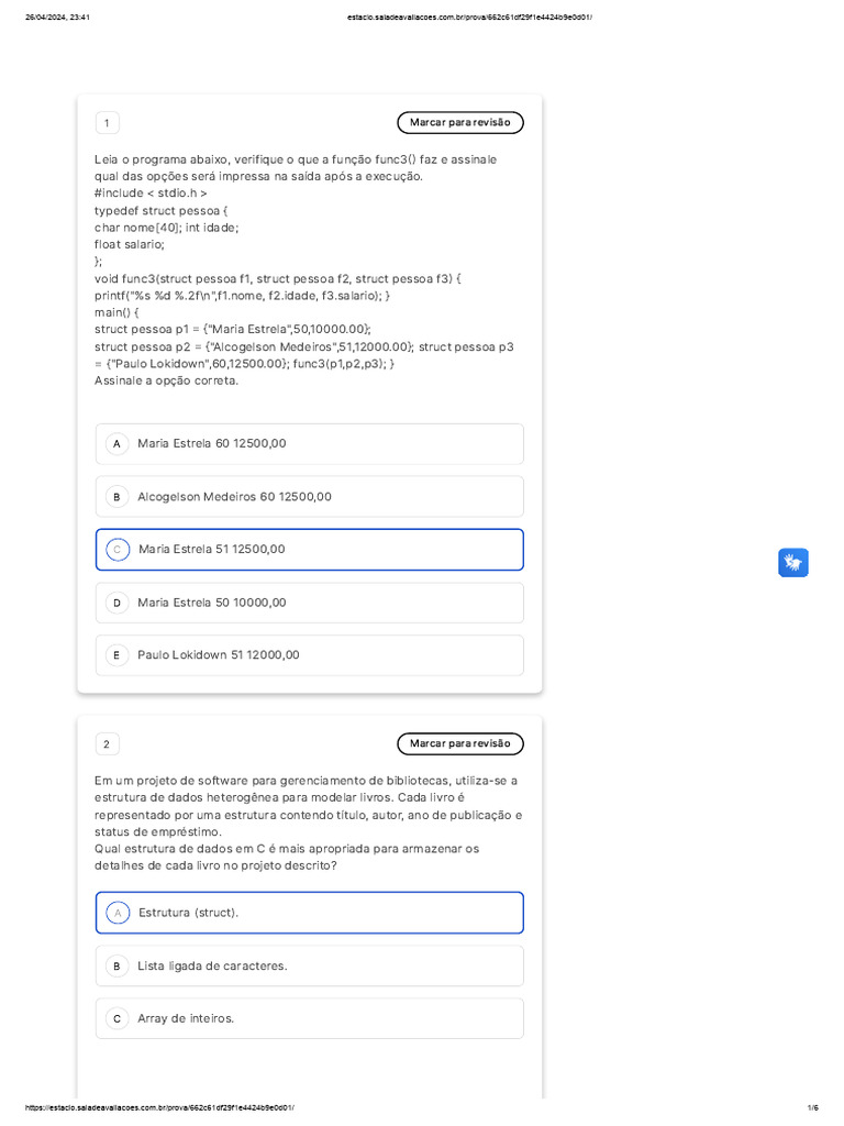 Simulado 1 Estrutura de Dados em C Estacio | PDF | Algoritmos e ...
