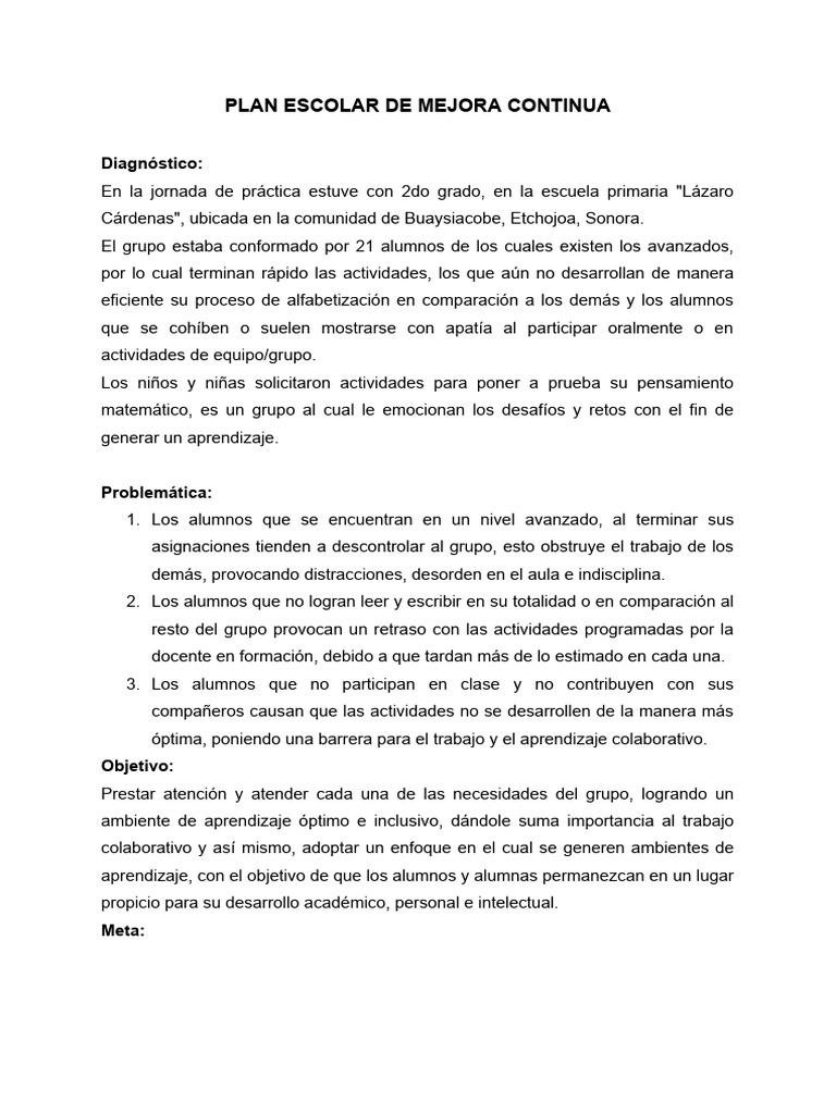 Plan Escolar de Mejora Continua | PDF | Enseñando | Aprendizaje