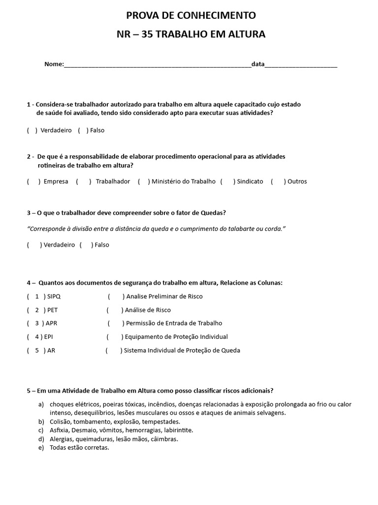 Prova de Conhecimento NR 35 | PDF Prova de Conhecimento NR 35 | PDF