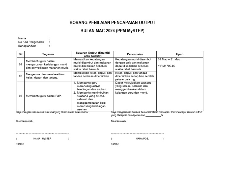 BORANG PENILAIAN PENCAPAIAN OUTPUT MySTEP | PDF