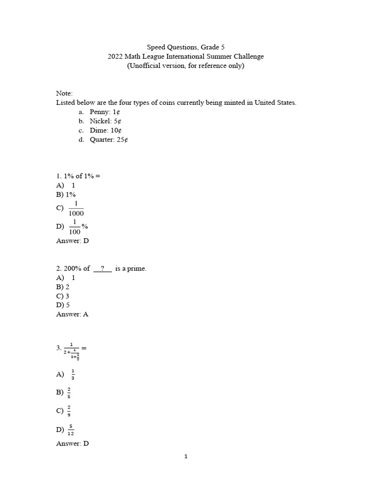2022 Math League Speed Round Grade 5 | PDF | Area | Mathematics