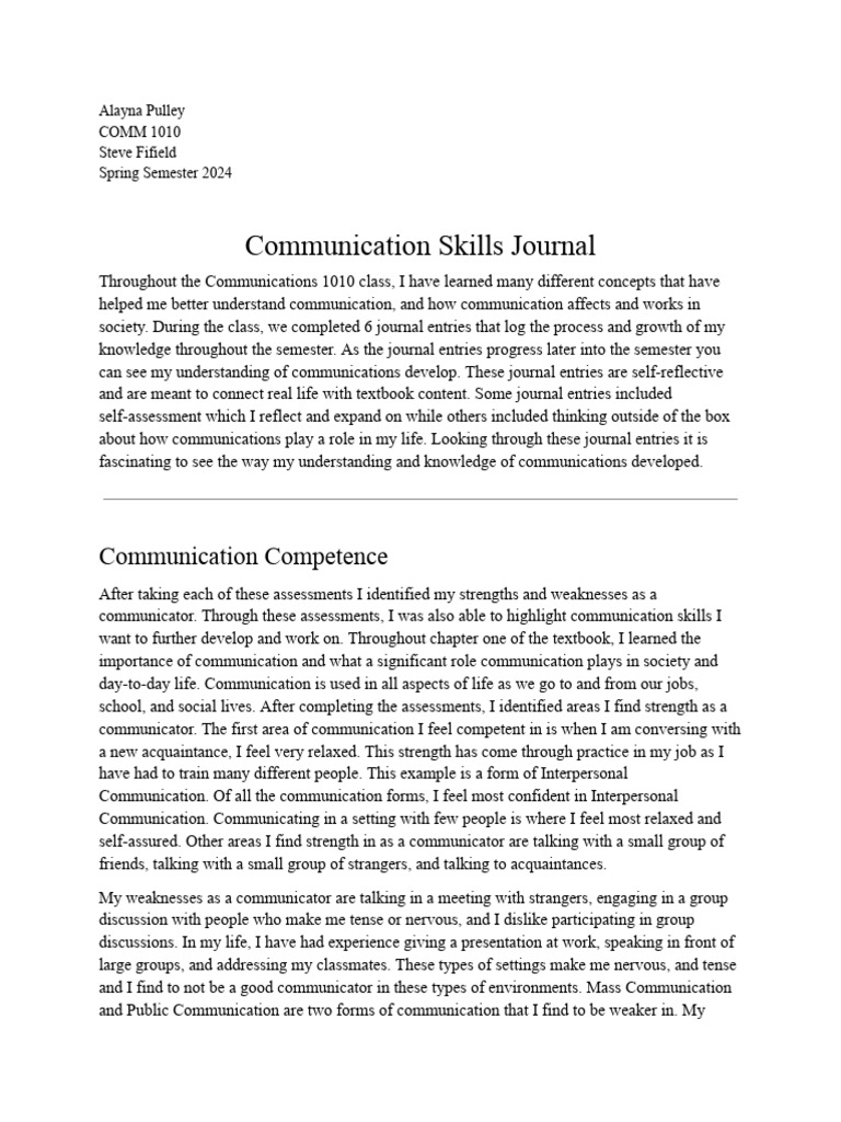 Comm 1010 Communication Skills Journal | PDF | Communication | Interpersonal Communication