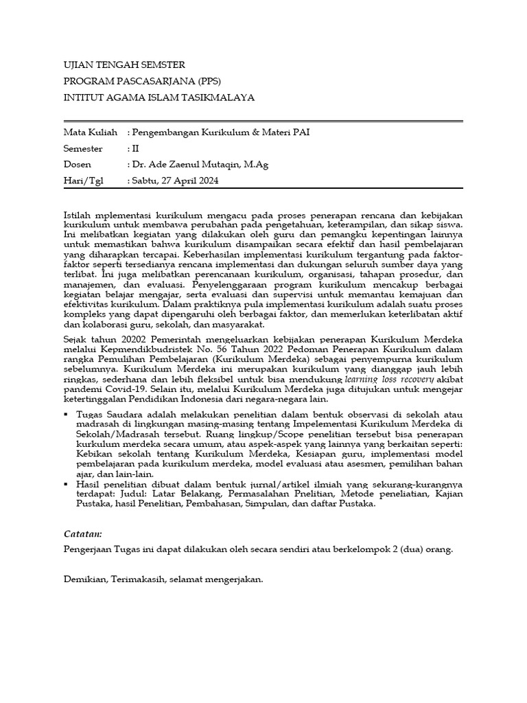 Soal UTS Pengembangan Kurikulum Pasca-S2 | PDF | Karier & Perkembangan