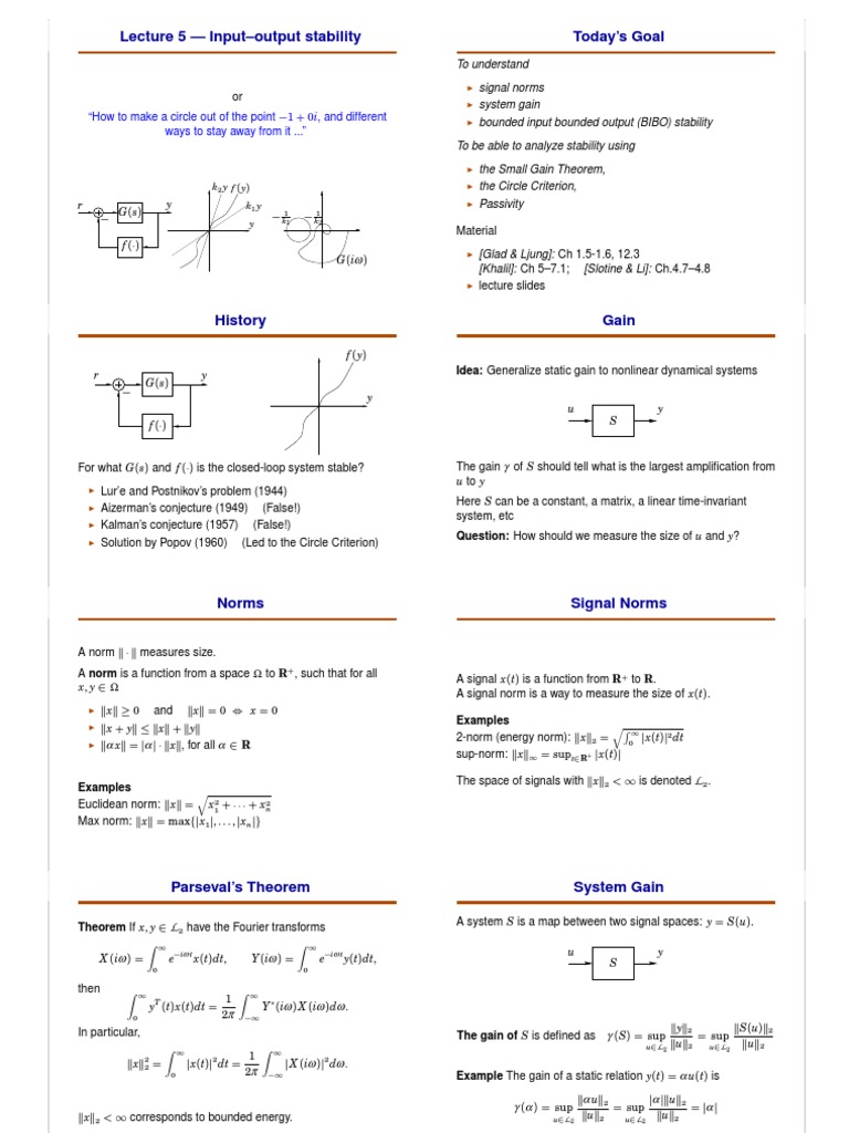 Lecture 5 - Input-Output Stability Today's Goal | PDF | Stability Theory | Emergence