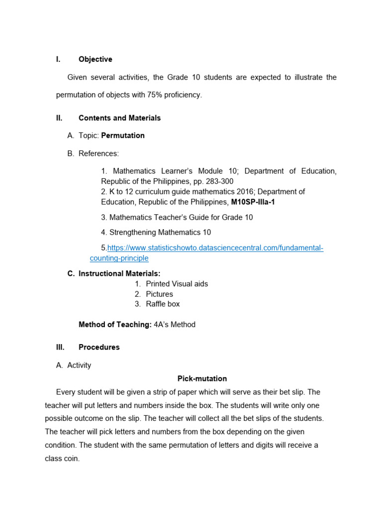 Lesson Plan | PDF | Permutation | Numbers