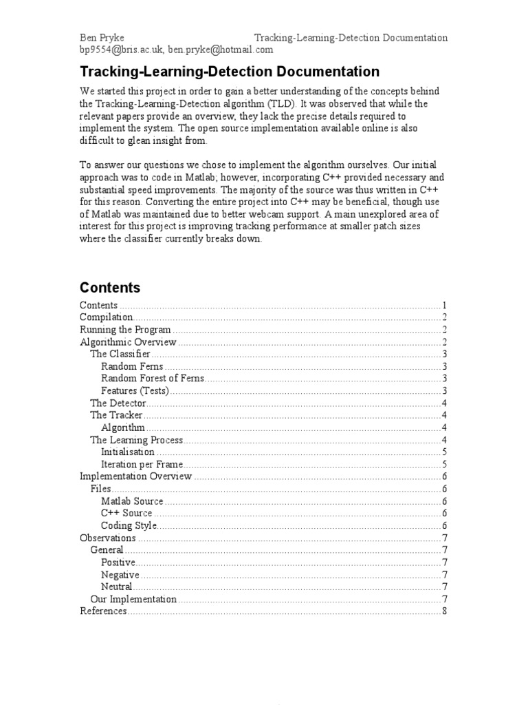 Ben Pryke Tracking-Learning-Detection Documentation | PDF | Statistical Classification | C++