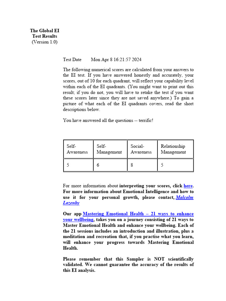 The Global EI Test Results | PDF | Emotional Intelligence | Self Awareness