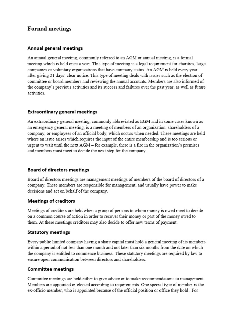 Formal Meetings | PDF | Board Of Directors | Private Law