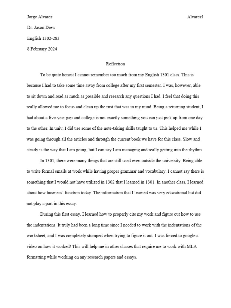 Reflection Essay English 1302 Ja | PDF | Essays | Learning