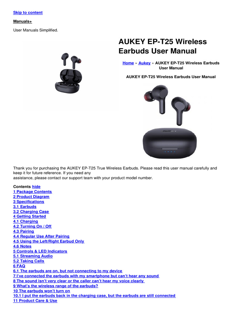AUKEY EP-T25 Earbuds User Manual | PDF | Headphones | Rechargeable Battery