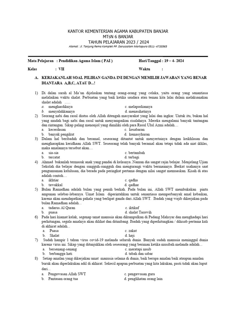 Soal - Pai - PPDB-2024 | PDF