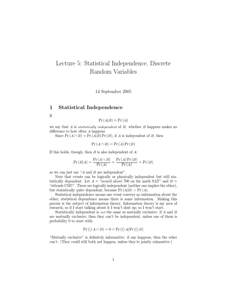 Lecture 5 Statistical Independence Discrete Random Variables Pdf Expected Value