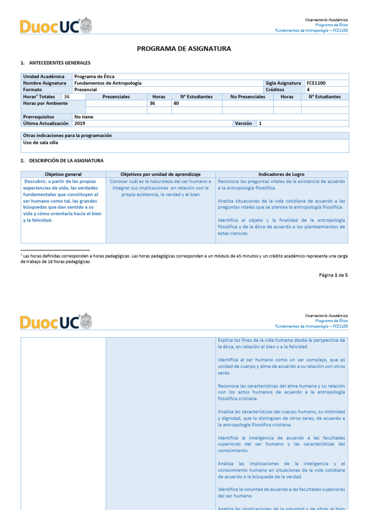Programa de Asignatura FCE1100 | PDF | Virtud | Amor