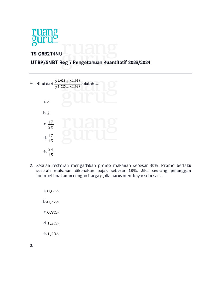 BS - UTBK - SNBT Reg 7 Pengetahuan Kuantitatif 2023 - 2024 | PDF