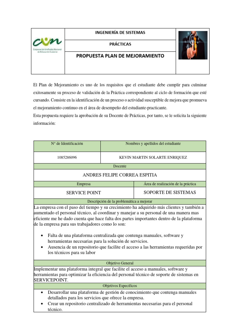 Propuesta Plan de Mejoramiento Kevin Solarte | PDF | Software | Business