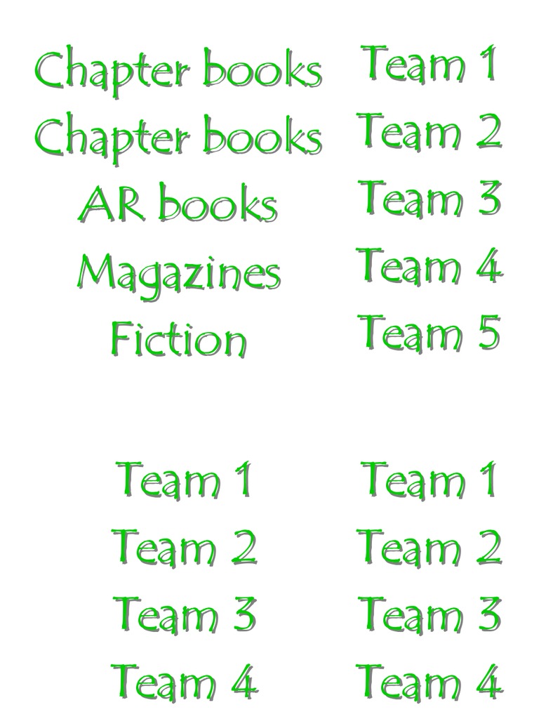 Chapter Books Chapter Books AR Books Magazines Fiction Team 1 Team 2 ...