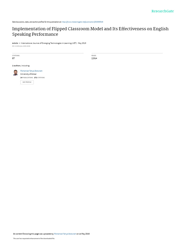 Implementation of Flipped Classroom Model and Its Effectiveness On English Speaking Performance ...