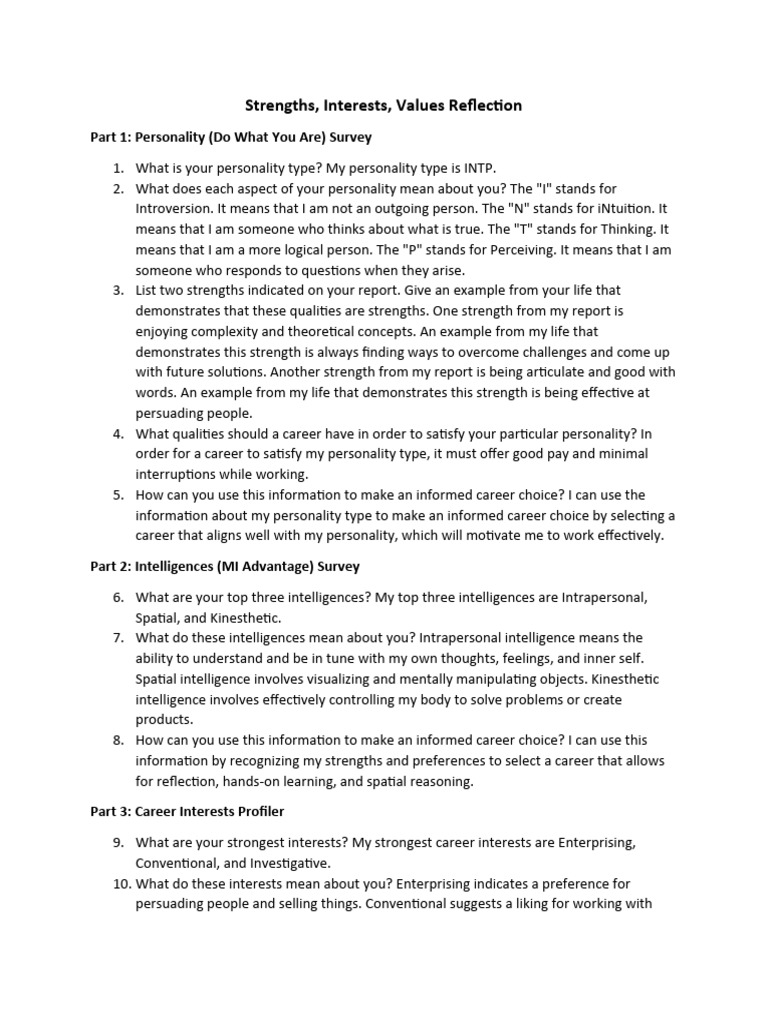 Lesson 1 - Strengths Interests Values Reflection - Hector | PDF ...