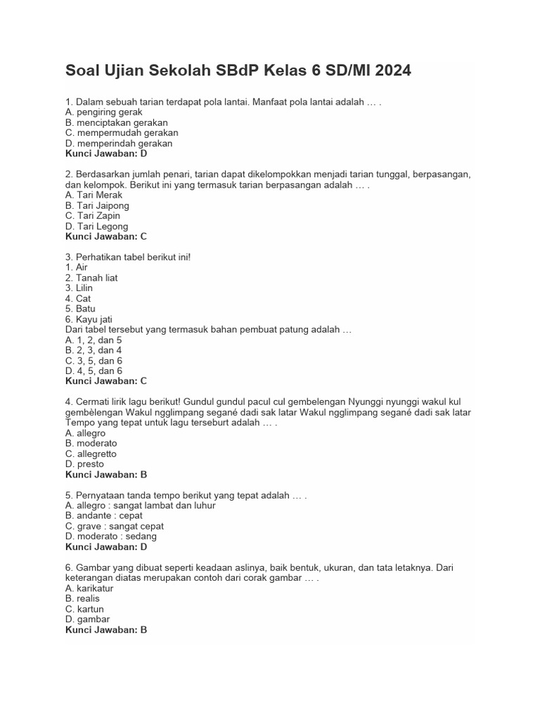 Soal Ujian Sekolah SBDP Kelas 6 SD | PDF