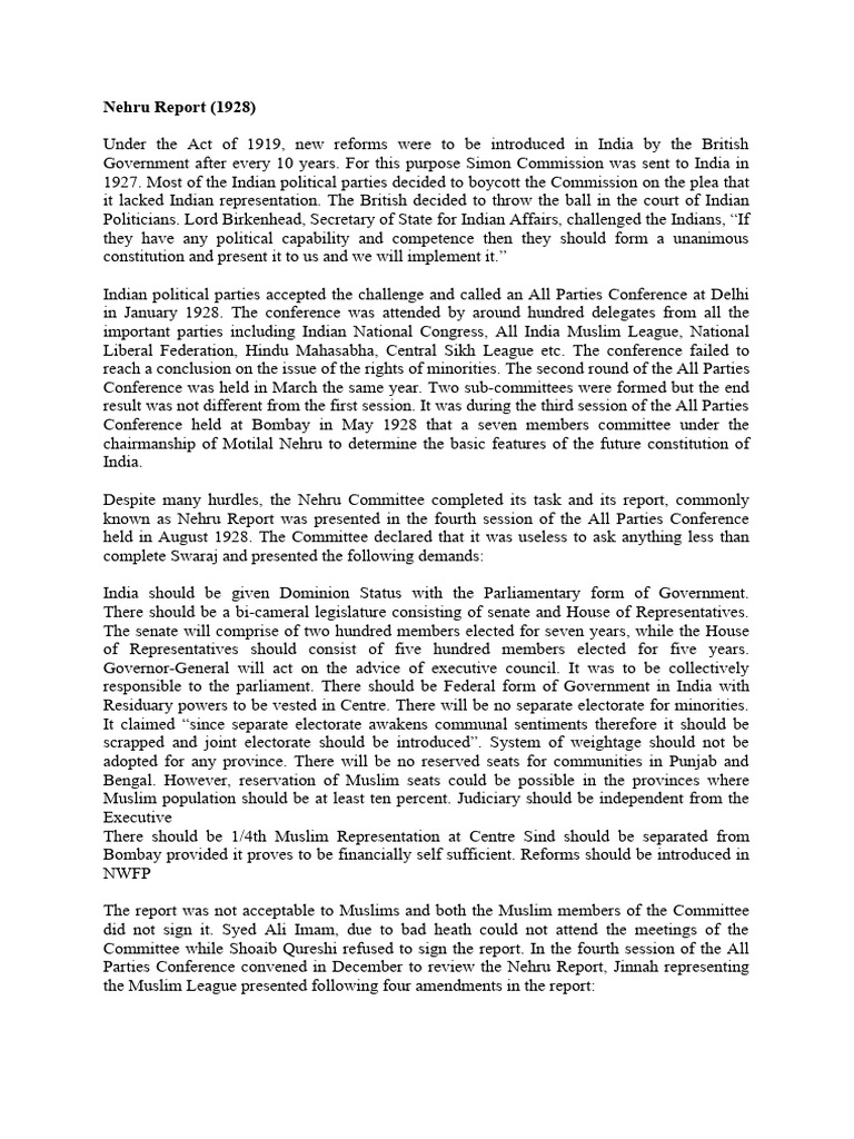 Nehru Report | PDF | Governance | Politics Of India