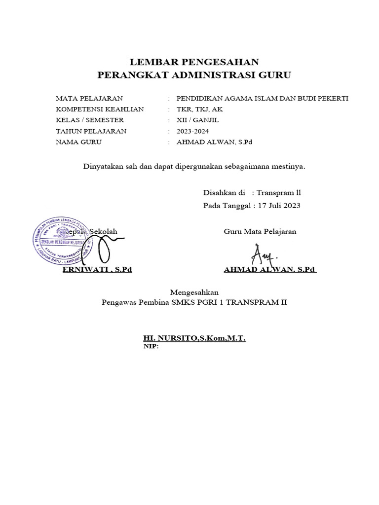 Lembar Pengesahan & Visi Misi Sekolah | PDF