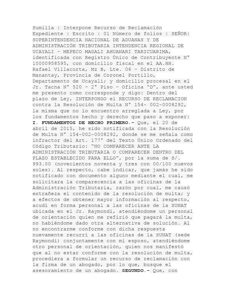 Ejemplo Reclamo Por Multa | PDF | Turismo | Documento de identidad