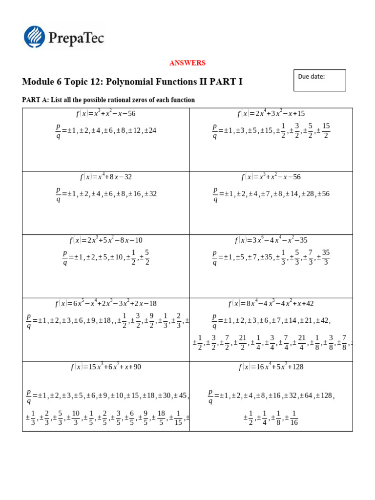 Module 6 Topic 12 Polynomial Functions PART II - Answers | PDF | Mathematics | Mathematical Objects