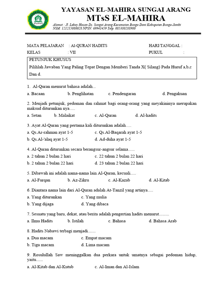 Soal Qurdis KLS Vii MTS | PDF | Seni & Disiplin Bahasa | Agama & Spiritualitas