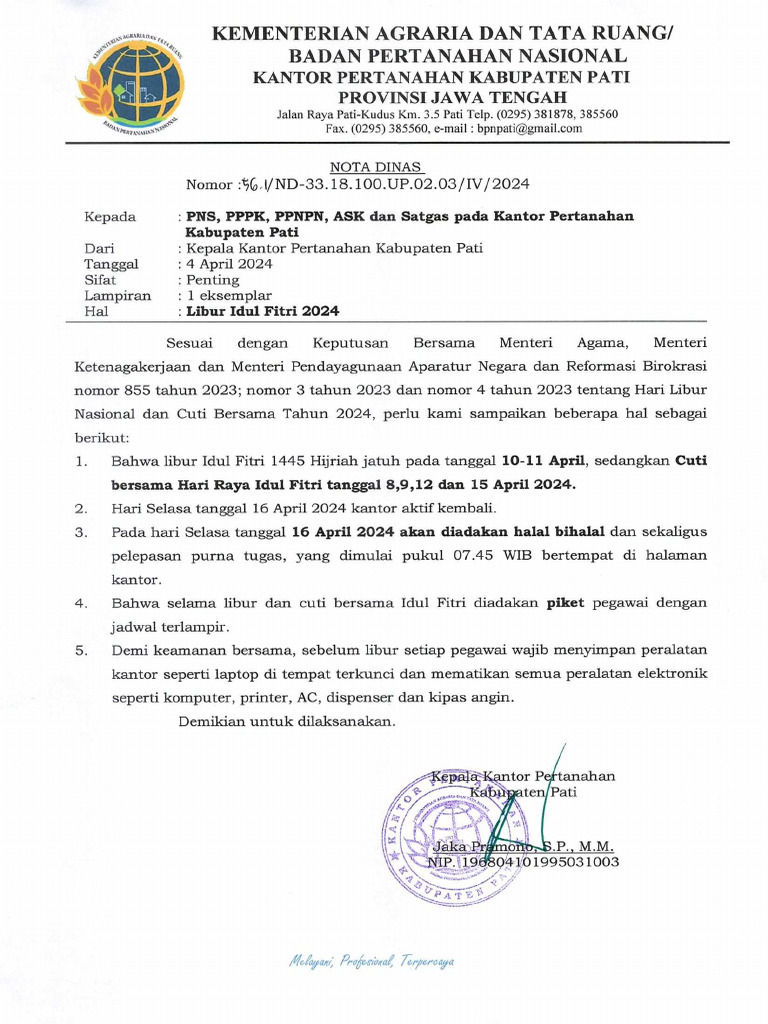 Nota Dinas Piket Libur Hari Raya | PDF