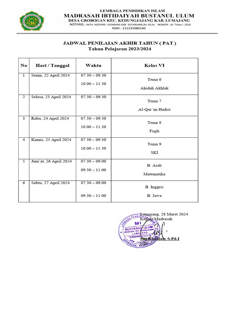 Jadwal Pat Kelas 6 2024 | PDF