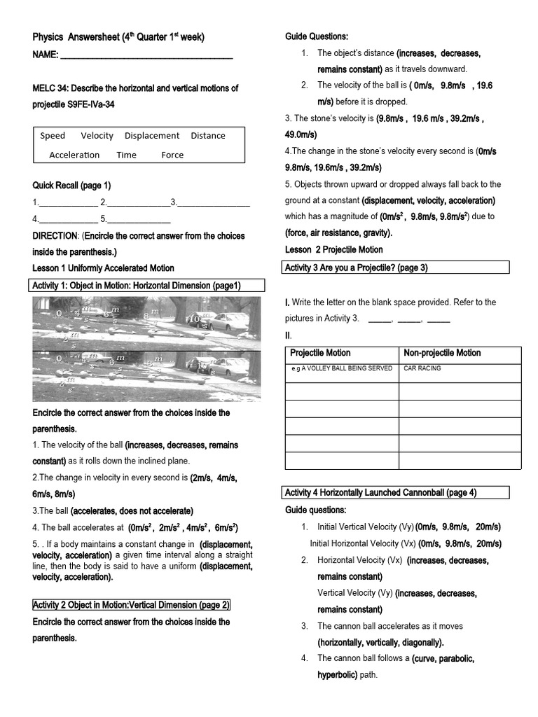 Physics Answersheet 4th Quarter Week 1 | PDF | Collision | Momentum