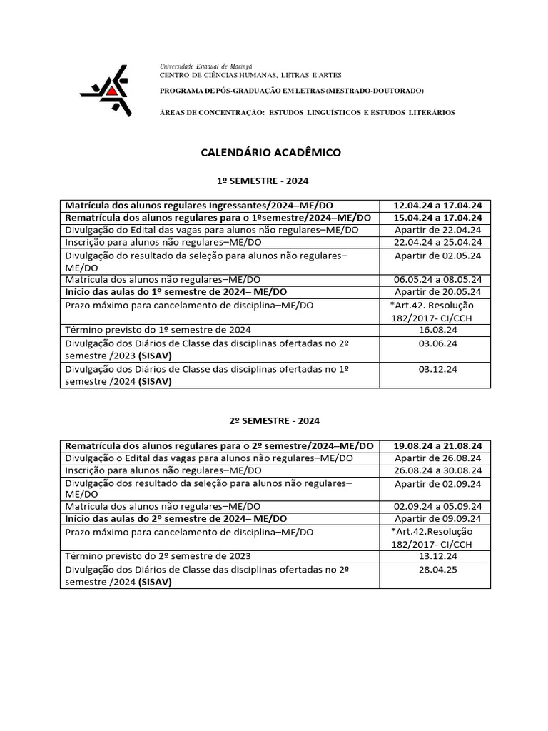 Calendário Acadêmico 2024 UEM Letras | PDF