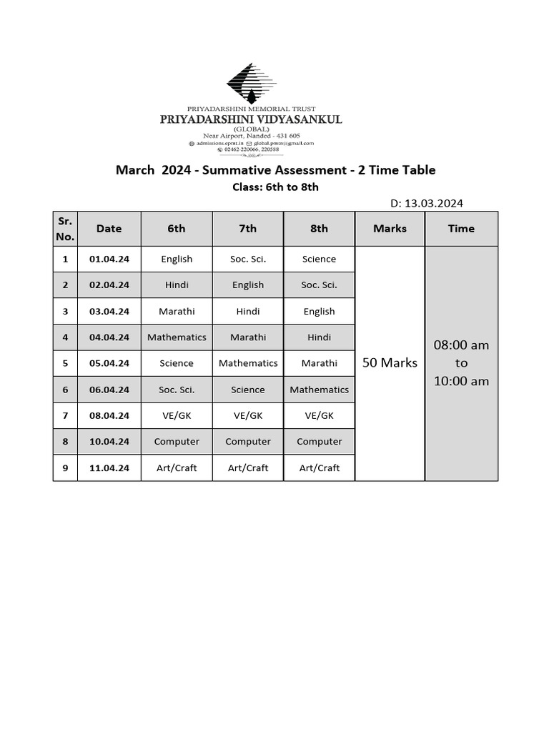 2025 Class 6-8 Exam Time Table | PDF