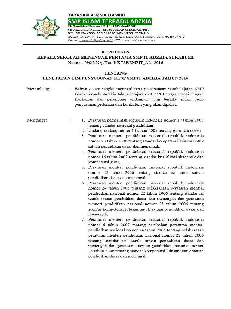 SK Tim Pelaksana Penyusunan KTSP 2016 | PDF