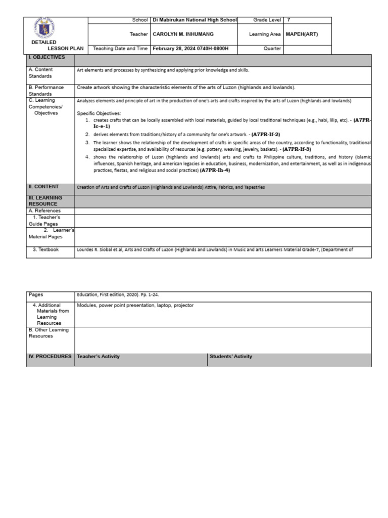 Lesson Plan JC | PDF | Textiles | Weaving