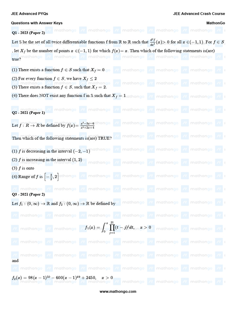 JEE Advanced Math Questions & Answers | PDF | Function (Mathematics ...