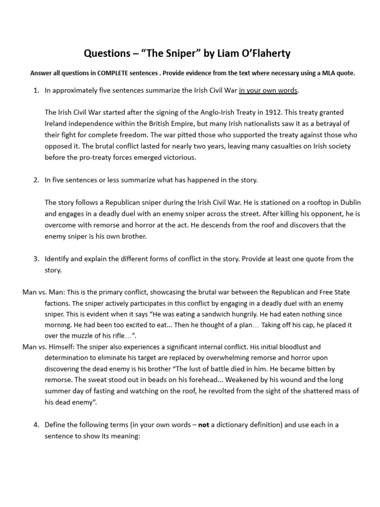 Secondary 3 Short Story The Sniper Discussion Questions 2024 | PDF ...