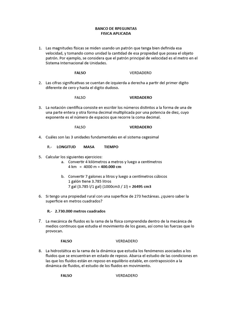 Banco de Preguntas Fisica Aplicada | PDF | Litro | Fuerza