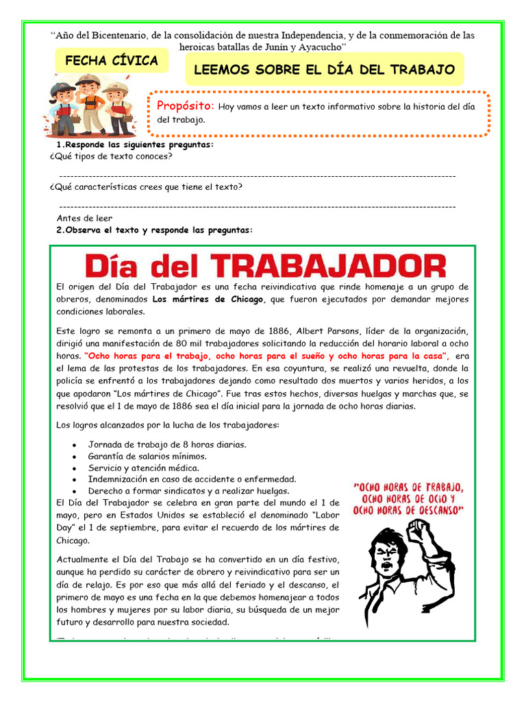 FICHA-FECHA CÍVICA-LEEMOS SOBRE EL DÍA DEL TRABAJO | PDF | Relaciones ...