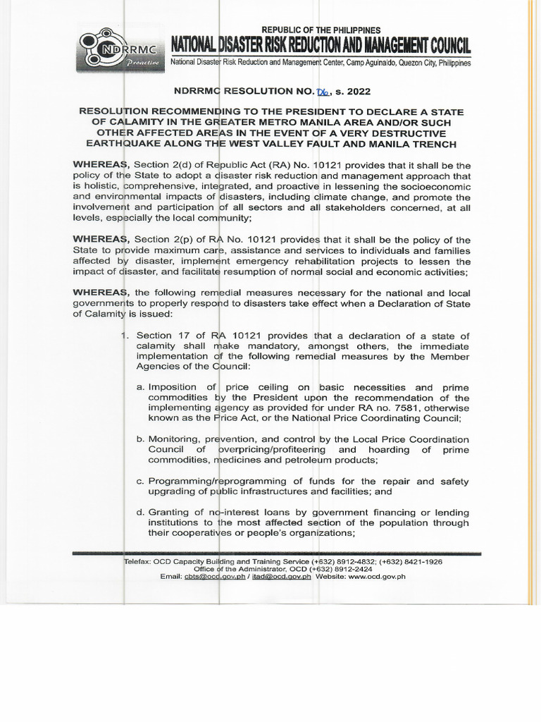 NDRRMC - Resolution - No - 06 - S - 2022 - Declaration of State of Calamity | PDF