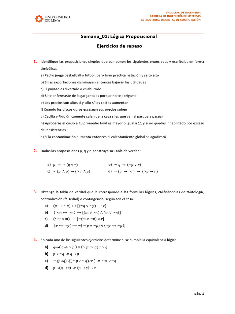 EDC 2024 1 Semana 01 Lógica Proposicional Ejercicios | PDF