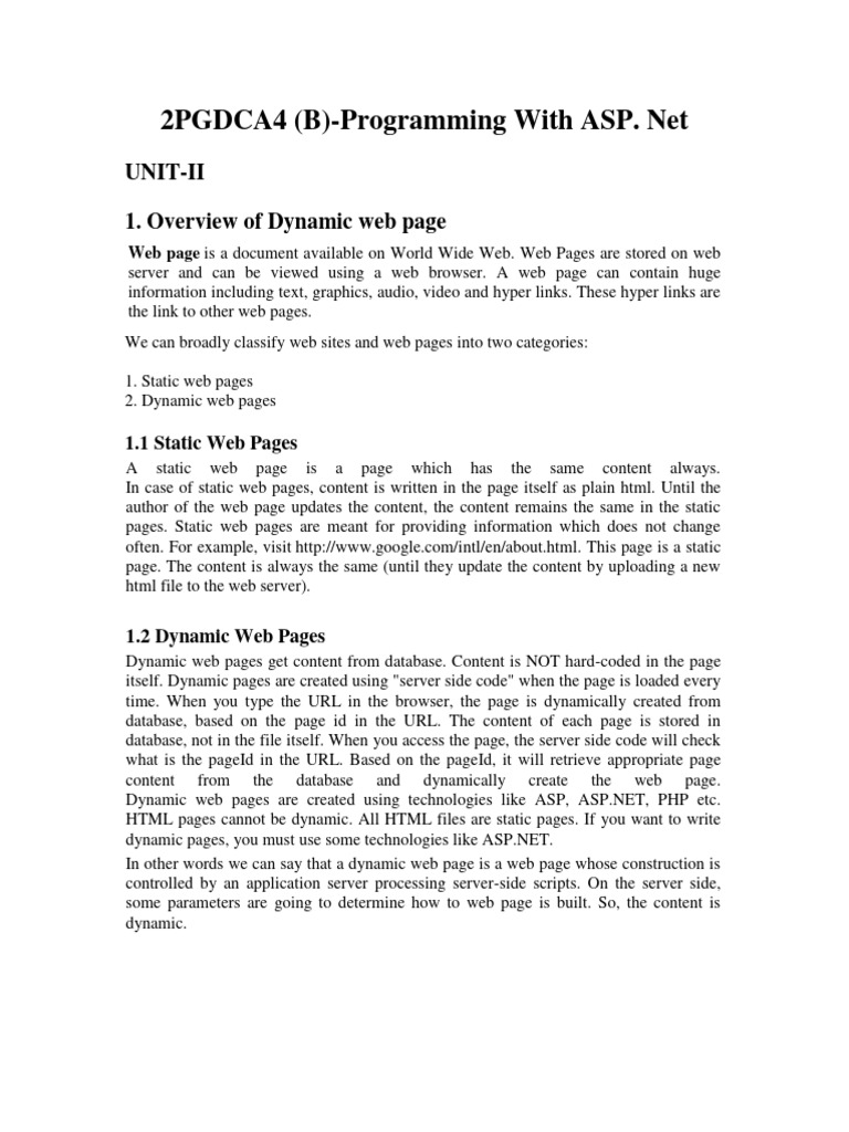 2PGDCA4 (B) - Programming With ASP. Net: Unit-Ii 1. Overview of Dynamic Web Page | PDF | World ...